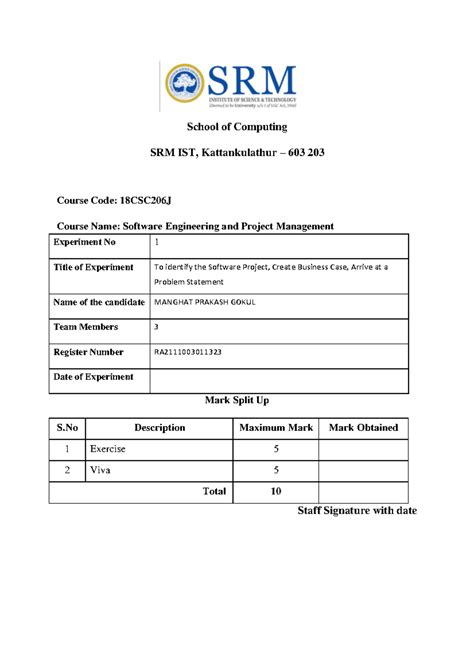 Sepm 1 Sepm School Of Computing Srm Ist Kattankulathur 603 203 Course Code 18csc206j