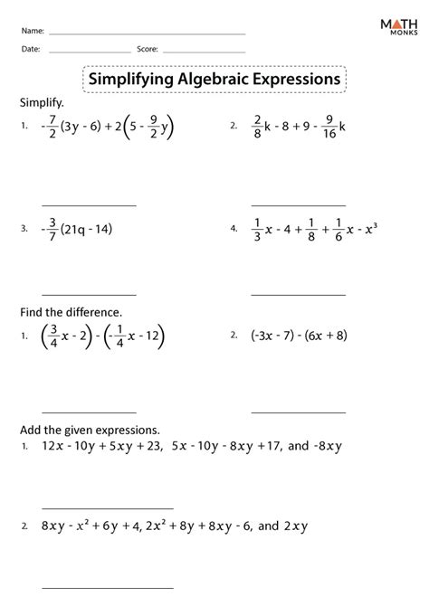Algebraic Expressions Worksheets Math Monks