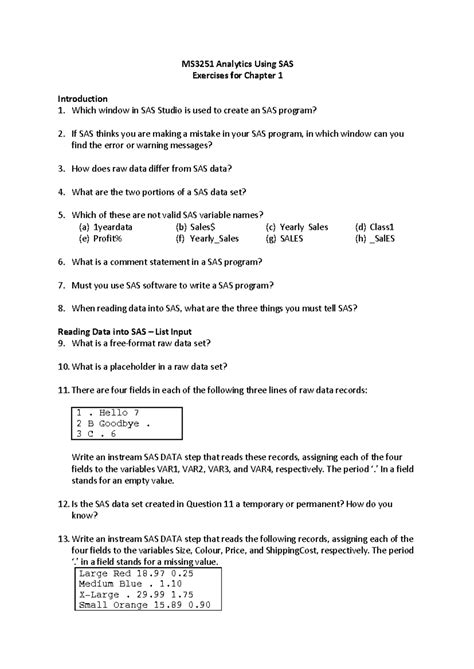 exercise 1 2024 ms3251 analytics using sas exercises for chapter 1
