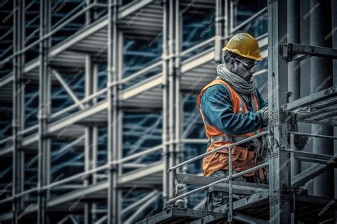 Premium Ai Image Construction Worker Near Building High Scaffolding Created With Generative Ai