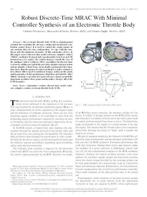 Pdf Robust Discrete Time Mrac With Minimal Controller Synthesis Of An Electronic Throttle Body
