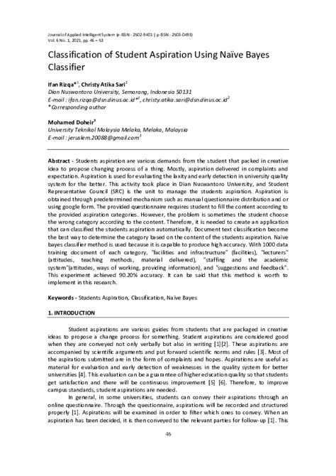 Pdf Classification Of Student Aspiration Using Naïve Bayes Classifier