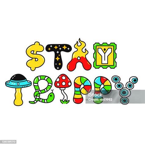 트립피 슬로건을 유지합니다 벡터 낙서 라인 만화 가와이 문자 일러스트 매직 70 년대 Trippy 편지 마술 버섯 Lsd 산 60 년대 그루비 프린트 포스터 티셔츠 1960