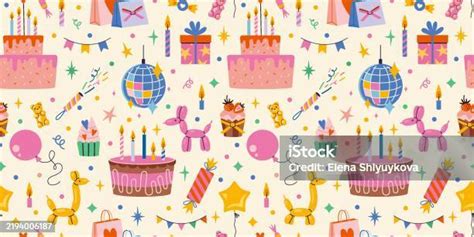 생일 촛불 풍선 과자 선물 화환 및 별과 같은 축제 장식과 같은 완벽 한 패턴 밝은 배경에 트렌디 한 현대 벡터 그림 손으로 그린 플랫 생일에 대한 스톡 벡터 아트 및 기타