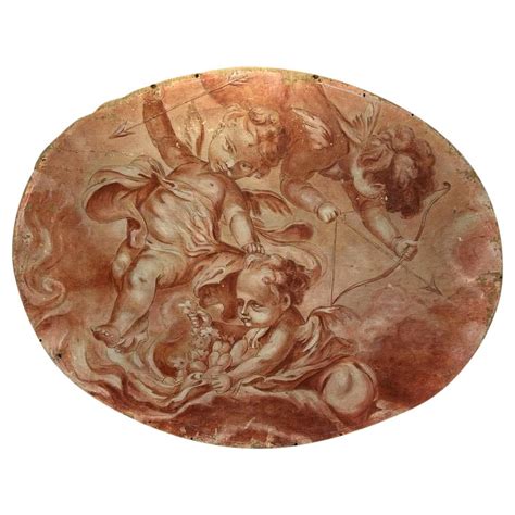 Oil On Canvas Oval Wood Paneling Cherubs Playin Antikeo