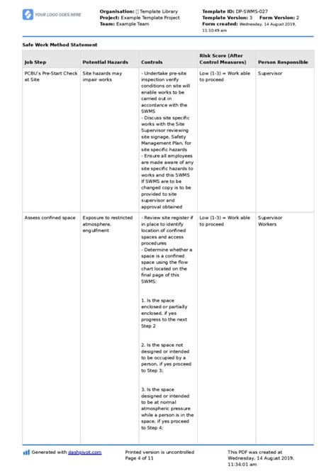 Confined Space Safe Work Method Statement Editable Swms Doc