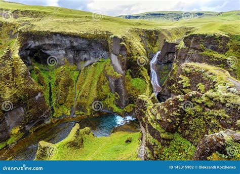 View Of Fjadrargljufur Canyon Towards The Waterfall And Upstream Of