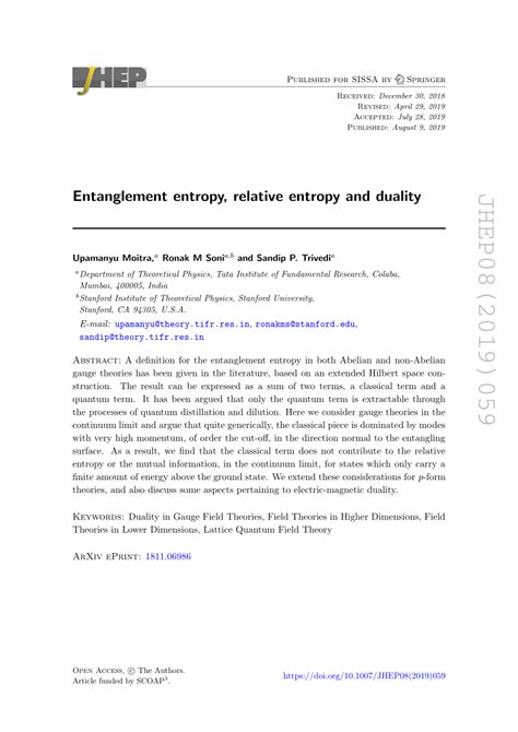 Pdf Entanglement Entropy Relative Entropy And Duality