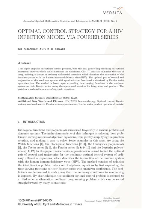 Pdf Optimal Control Strategy For A Hiv Infection Model Via Fourier Series