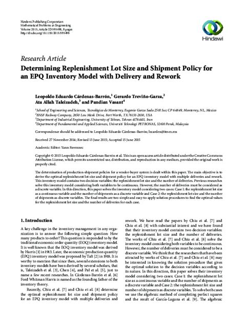 Pdf Determining Replenishment Lot Size And Shipment Policy For An Epq Inventory Model With