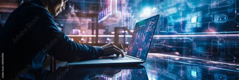 Female Techie In Data Center Coding On Laptop Near Server Racks Big Data Storage It Support