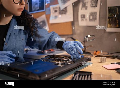 Woman Repairman Disassembling Laptop Motherboard Install Memory Board
