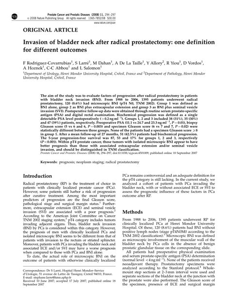 Pdf Invasion Of Bladder Neck After Radical Prostatectomy One