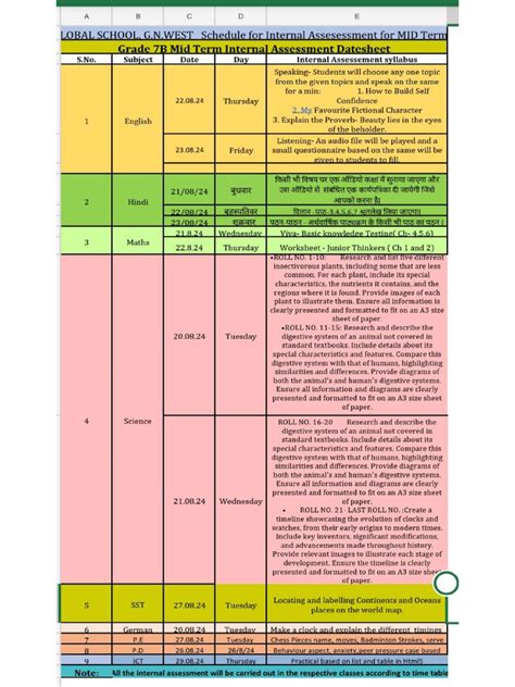 Internal Assesment Schedule Pdf