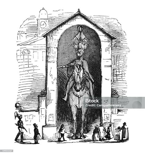 영국 풍자 만화 캐리커처 일러스트레이션 근처에 아주 작은 사람들과 말에 남자의 큰 동상 19세기에 대한 스톡 벡터 아트 및 기타