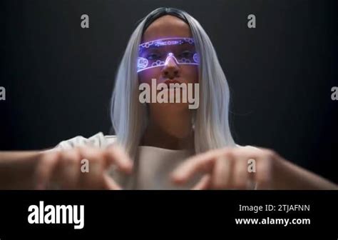 Creative Woman Hands Vr Headset Typing Closeup Futuristic Goggles