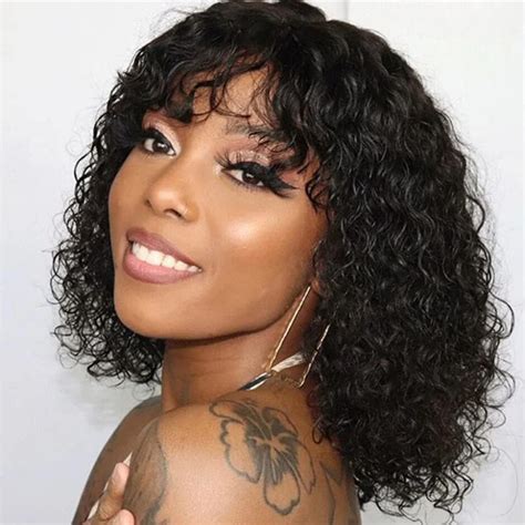 Wosama 99j Curly Bob Wig Human Hair With Bangs Red Short
