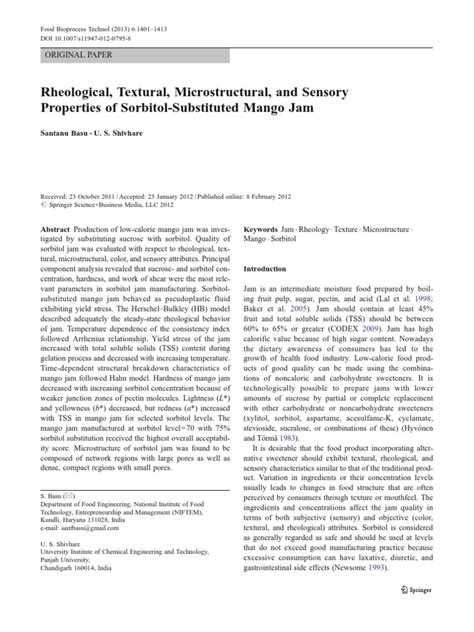 Santanu Basu 2013 Rheological Textural Microstructural And Sensory Porperties Of Sorbitol