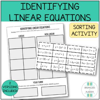 Identifying Linear Equations Sorting Activity By Organized In Algebra