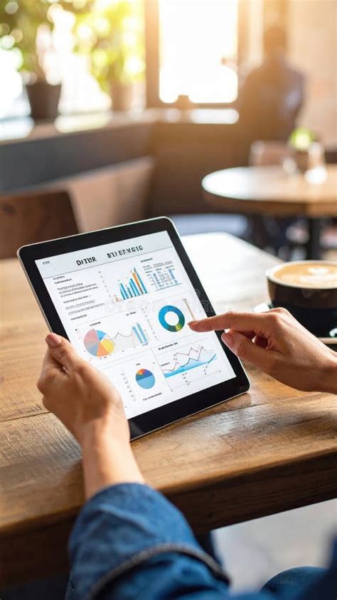 Business Professional Analyzing Financial Data And Charts On Digital Tablet In Cafe Setting