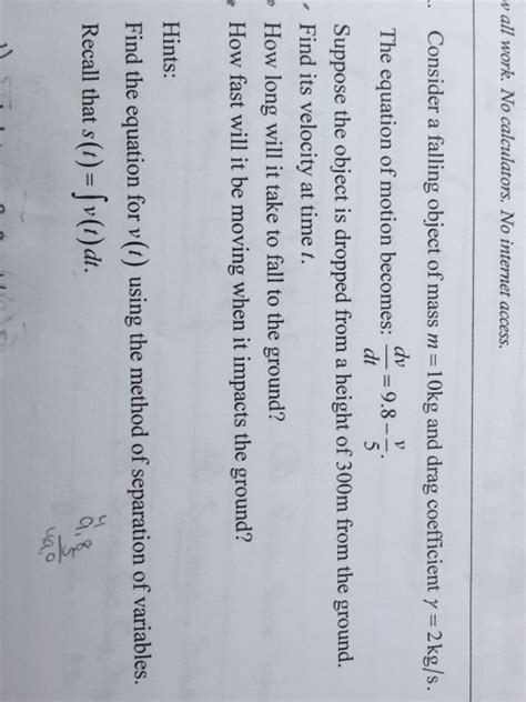 solved consider a falling object of mass m 10kg and drag