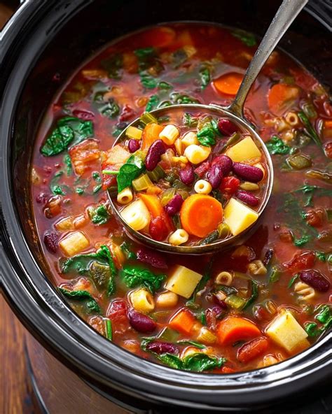Homemade Slow Cooker Minestrone Soup With Vegetables And Beans