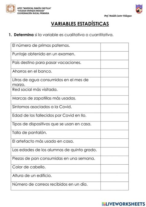 Variables Cualitativas Y Variables Cuantitativas Worksheet En 2025 Variables Cualitativas Y