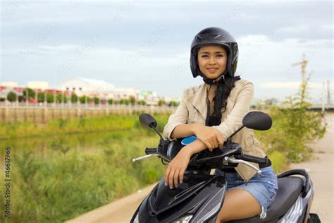 Sexy Asian Girl With Mini Skirt Helmet Motorcycle In Cambodia Stock Photo Adobe Stock