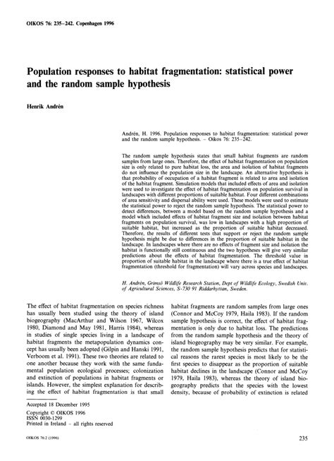 Pdf Population Responses To Habitat Fragmentation Statistical Power And The Random Sample
