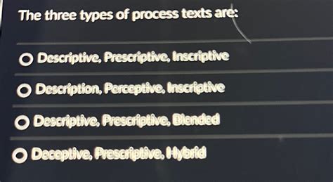 Solved The Three Types Of Process Texts Aredescriptive