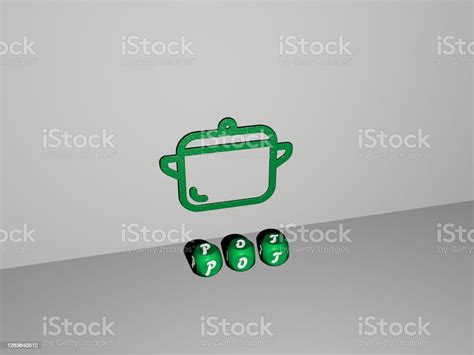 벽에 아이콘이 있는 냄비의 3d 표현과 컨셉 의미 및 슬라이드쇼 프레젠테이션을 위해 거울 바닥에 금속 입방 문자로 배열된 텍스트 배경 및 일러스트레이션 0명에 대한 스톡