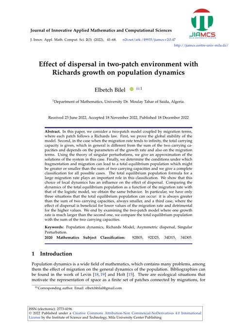 Pdf Effect Of Dispersal In Two Patch Environment With Richards Growth On Population Dynamics