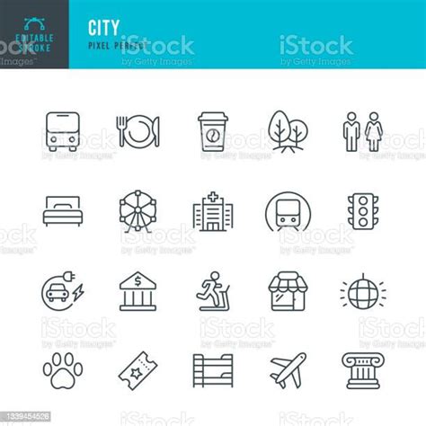 도시 얇은 선 벡터 아이콘 세트 픽셀 완벽 편집 가능한 스트로크 이 세트에는 공공 공원 관광 명소 레스토랑 은행 병원 상점 대중