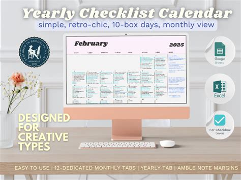 The Neon Belle Yearly Checklist Calendar 10 Box Daily 12 Month Easy