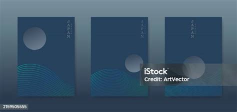 일본 풍경 배경 세트 카드 블루 라인 웨이브 패턴 벡터 일러스트 레이 션 럭셔리 추상 템플릿 기하학적 물결 모양 질감입니다 동양 스타일의 물과 달 레이아웃 디자인 수직