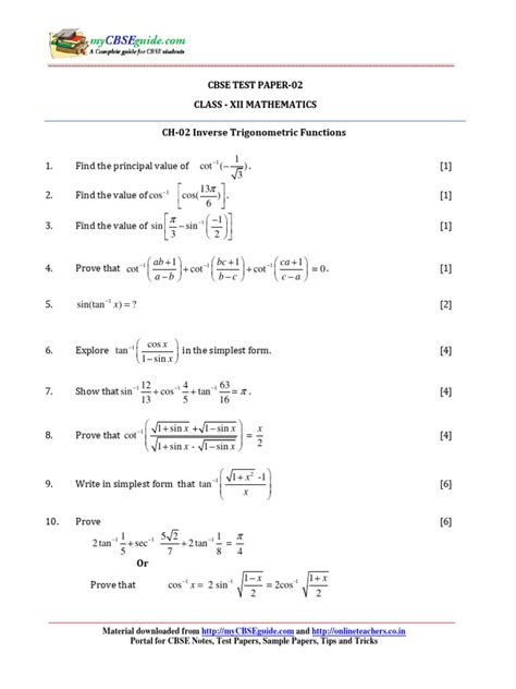 12 Mathematics Ch02 Inverse Trigonometric Functions Test 02 Qp Pdf