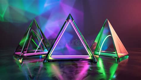 D Rendering Of Three Triangular Glass Frames With Neon Light Inside