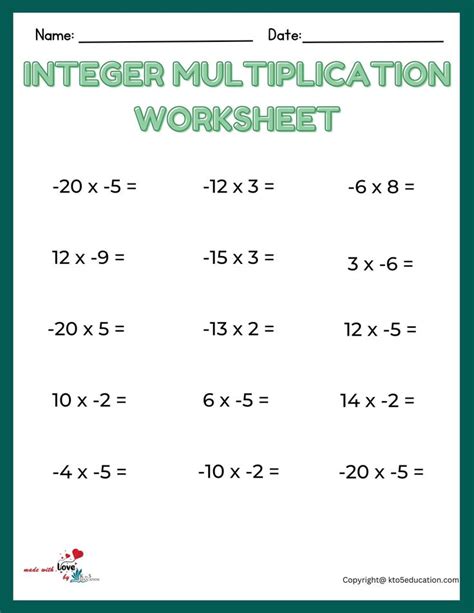 Multiplication Of Integers Word Problems Worksheet