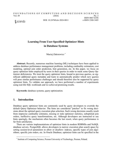 Pdf Learning From User Specified Optimizer Hints In Database Systems
