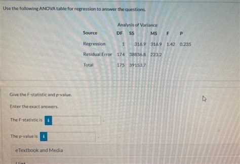 solved use the following anova table for regression to