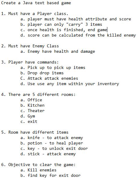 solved create a java text based game 1 must have a player