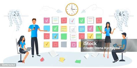 비즈니스 워크샵의 벡터 일러스트레이션 사무실에서 프리젠 테이션을하는 사람들 팀 브레인스토밍 아이디어 스티커 메모와 화이트 보드에