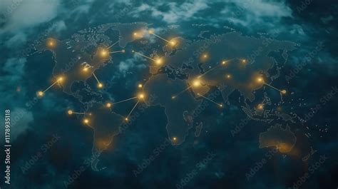 World Map Showing Cryptocurrency Nodes Connecting Countries With Neon Lights Representing The