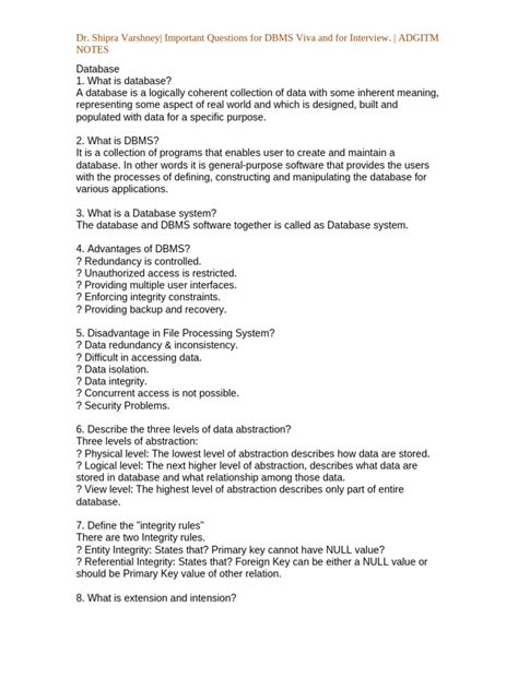 Dbms Lab Viva Voce Questions Important Pdf Databases Relational