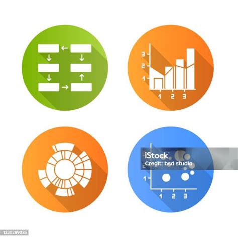 차트 및 그래프 평면 디자인 긴 그림자 문말 아이콘 세트 데이터 연결 배선 진행 단계 혼합 차트 선버스트 방사형 다이어그램 산란 풍선 차트 비즈니스 벡터 실루엣