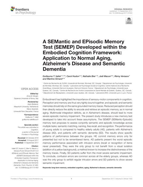 Pdf A Semantic And Episodic Memory Test Semep Developed Within The