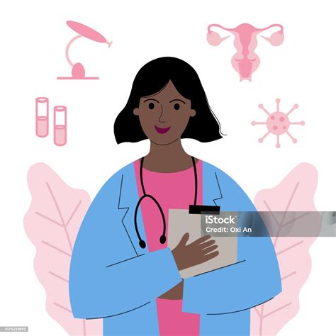 산부인과 의료 가운을 입은 의사 여성 생식 기관의 묘사 분석 장치 여성의 건강 검사 검사 임신 산부인과 의사 또는 생식 전문의의