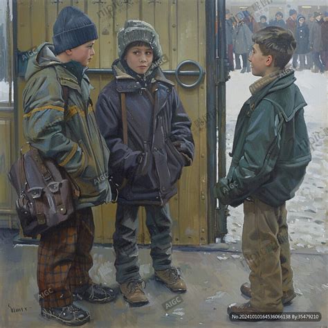 Ai创作图加拿大大卫汉德作品 国外小学生 意大利写实油画漫画 写实人物绘画 水彩画扫描图 七零年代小孩 外国小孩儿 回家路上童年少年 人物场景画 西方小孩儿童 照片般逼真的绘画 写实主义绘画