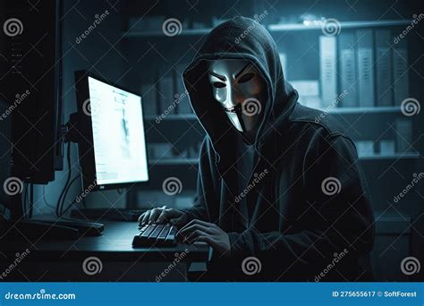 Scammer In Front Of A Computer In Anonymous Mask Hacker Generative Ai