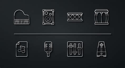 세트 라인 그랜드 피아노 음표가 있는 뮤직 북 드럼 사운드 믹서 컨트롤러 마이크 스테레오 스피커 메트로놈 진자 및 아이콘 벡터